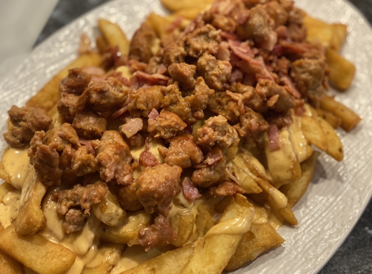 Loaded Fries with Cheese, Bacon, and Sausage - 3CatsFoodie